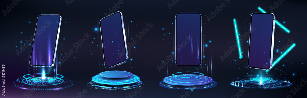 Futuristic holograms and podiums with 3D mobile phones. Mockups ...