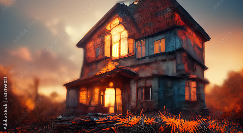 Creepy Hunting Log Cabin in Dark Forest Concept background. Stock ...