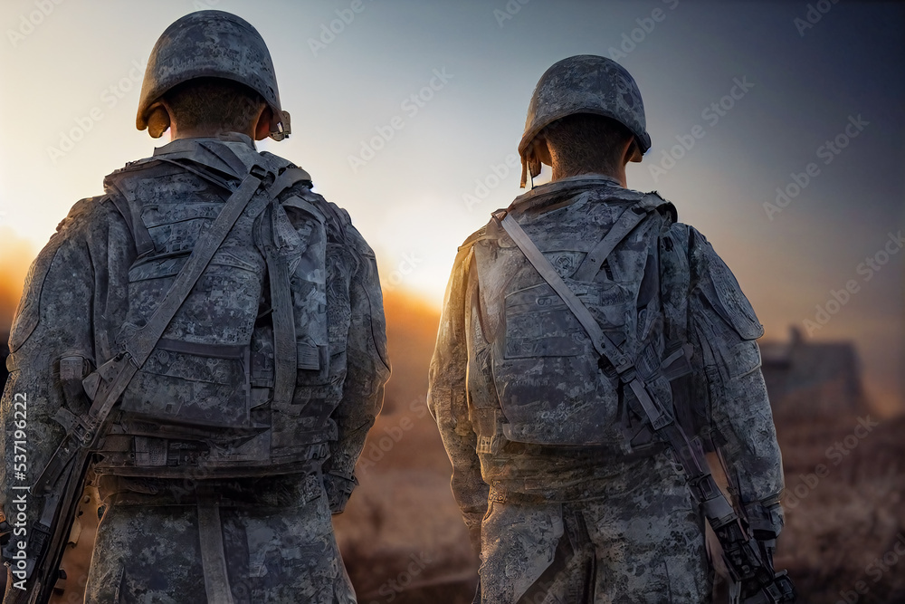Soldiers stand behind. Back view. Military people. Warrior man. 3d ...