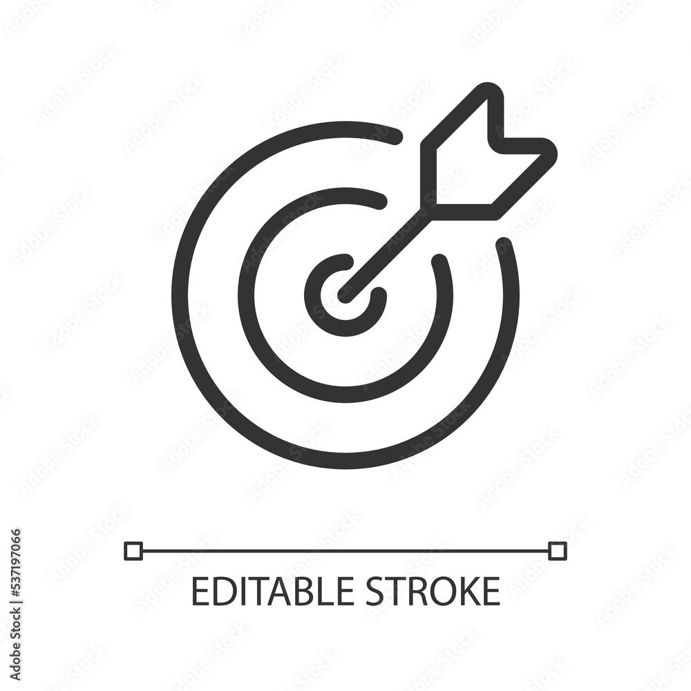 Reaching target pixel perfect linear ui icon. Archery skill. Business ...