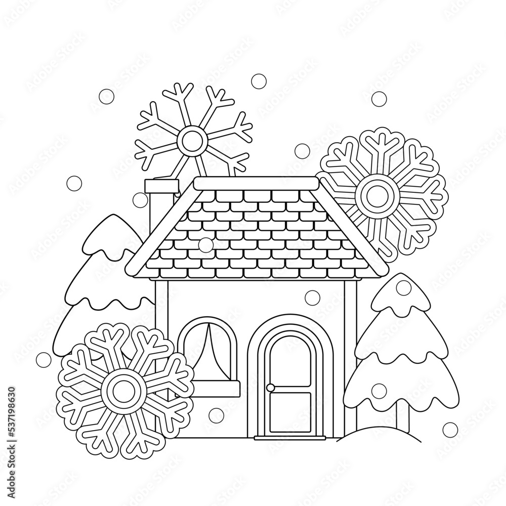 Cute kids winter coloring page with house, snowflakes. Simple lines and ...