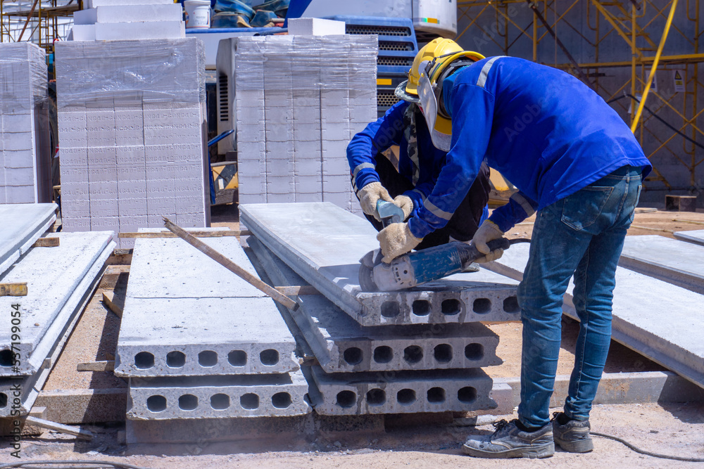 Construction worker use concrete cutting hand tool for cutting concrete ...
