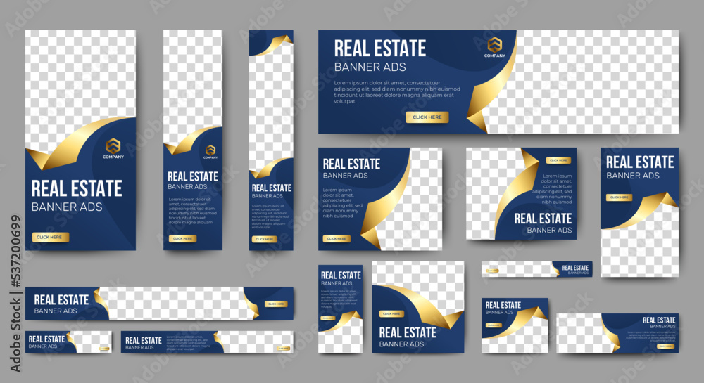 Real estate web banners template design set. Luxury gold horizontal ...