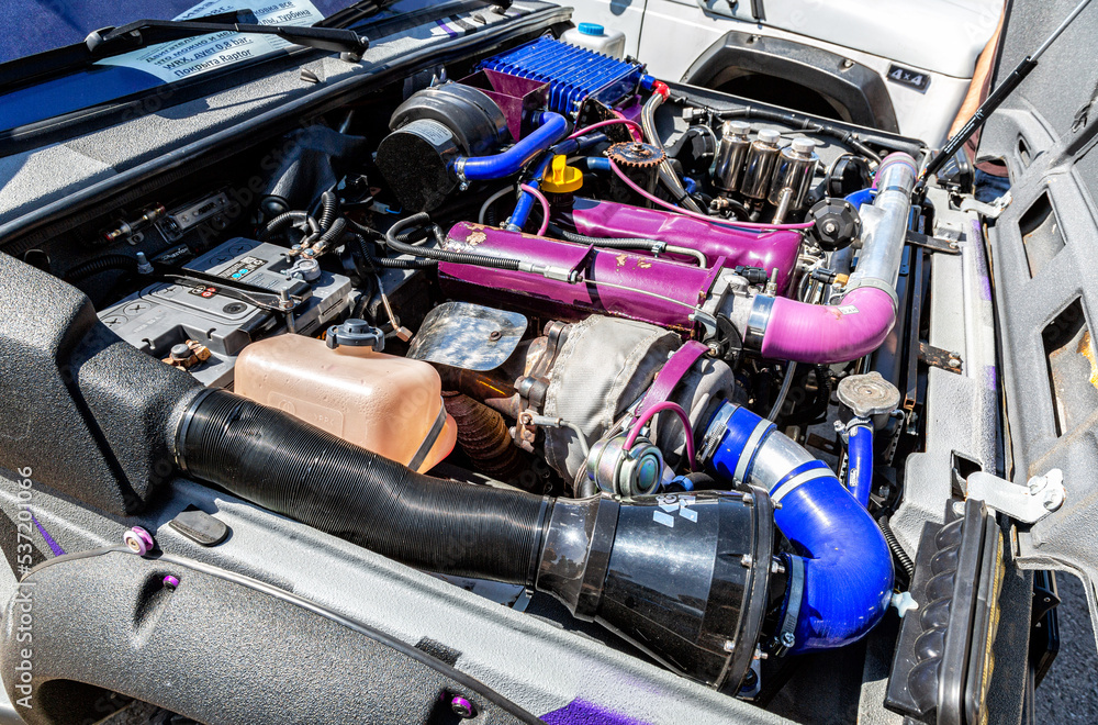 Tuned turbo car engine of Lada vehicle, under the hood of a vehicle ...