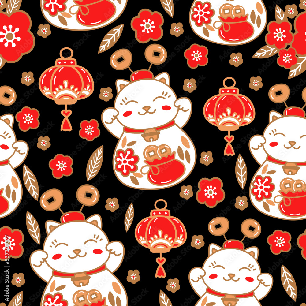 Cute pattern with maneki neko cats, good luck symbols and bright сhinese lanterns. Stock Vector ...