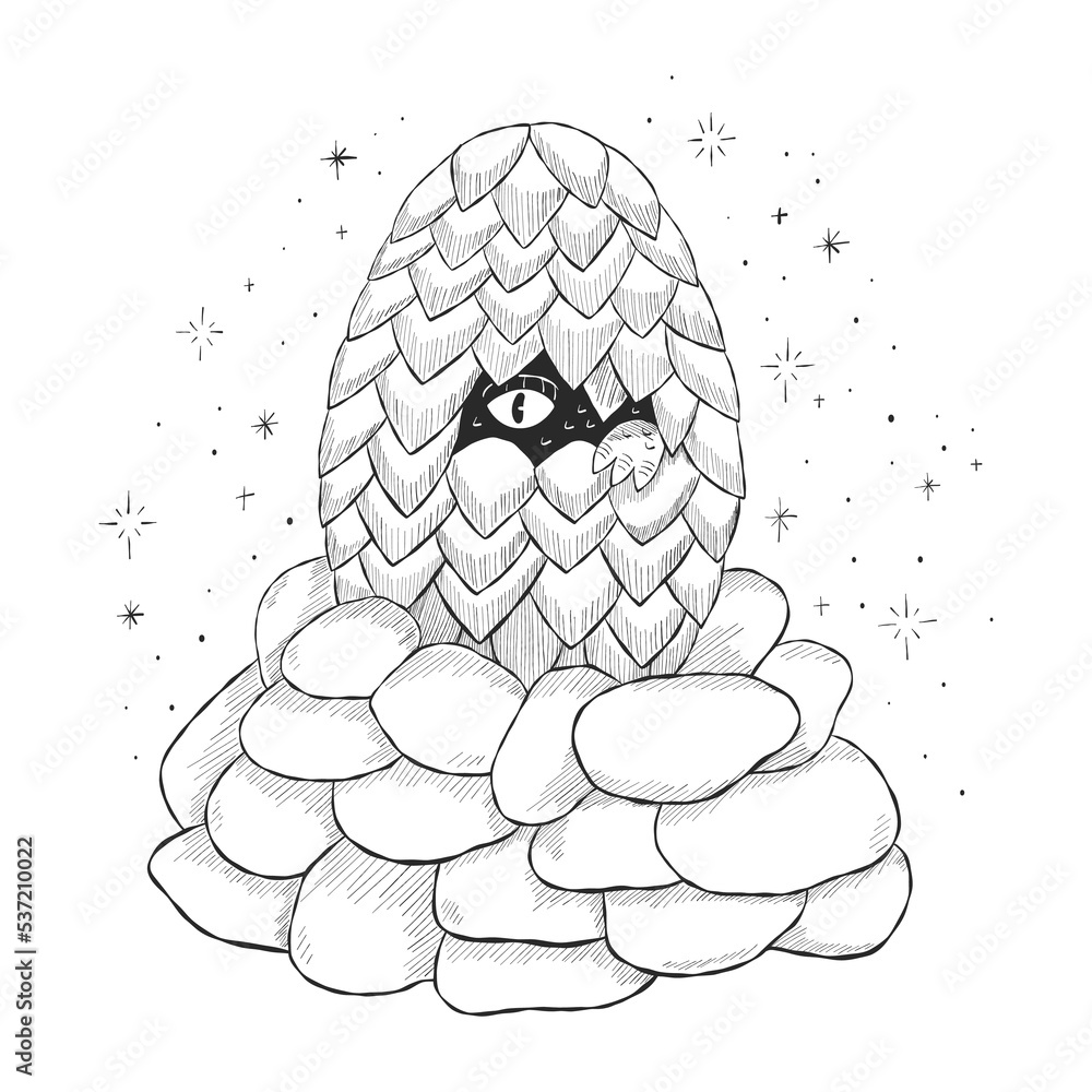 Sketch of dinosaur or dragon egg. Baby dragon hatched from egg ...