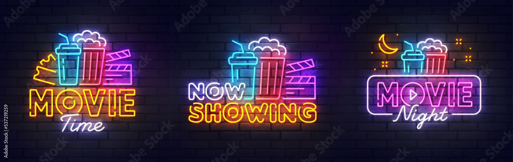 Movie neon sign set, bright signboard, light banner. Cinema logo neon ...