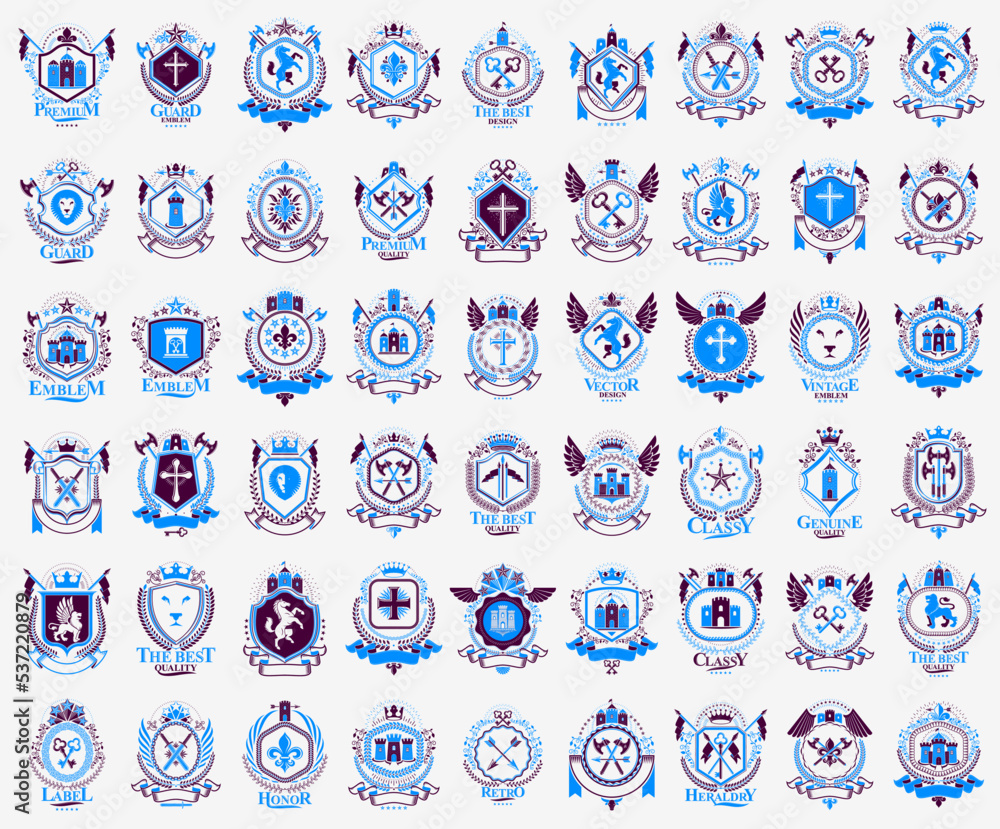 Classic style emblems big set, ancient heraldic symbols awards and ...