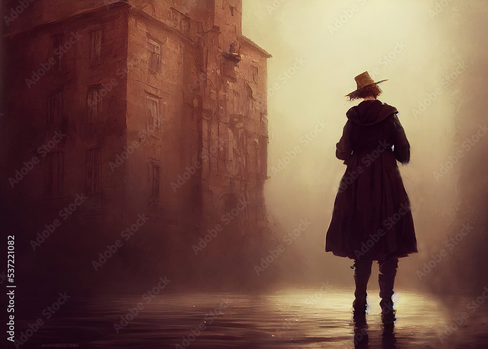 Danger Killer Stand in front of a Castle at Night. Fantasy Backdrop ...