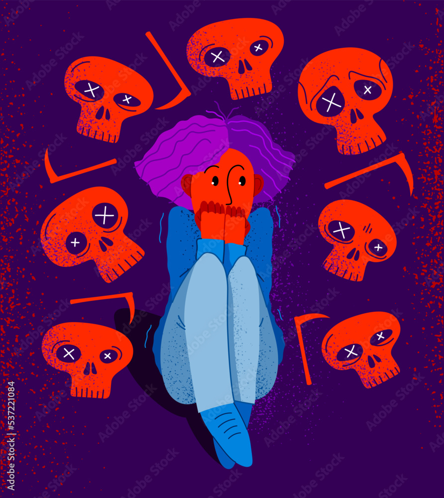 Thanatophobia fear of death vector illustration, girl surrounded with ...