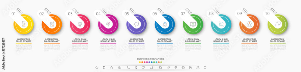 Modern vector infographics design template. Concept with 10 steps, labels. Creative timeline ...