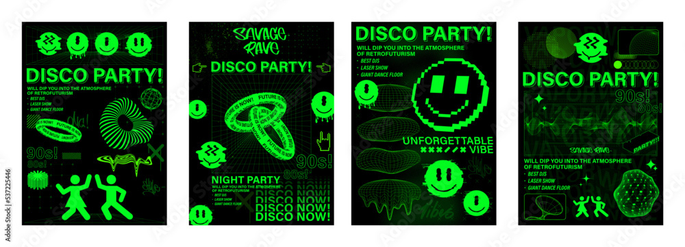 Rave trippy posters with trendy acid colors and shapes. 90s 80s style ...