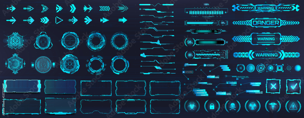 HUD, UI - interface graphic pack. Sky-fi elements. Futuristic user interface graphic box for UI ...