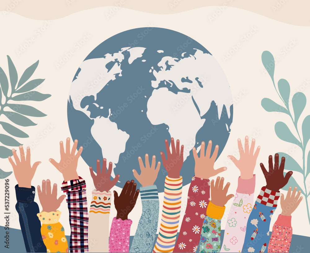 Group of raised hands of joyful happy multicultural children. Hands up ...