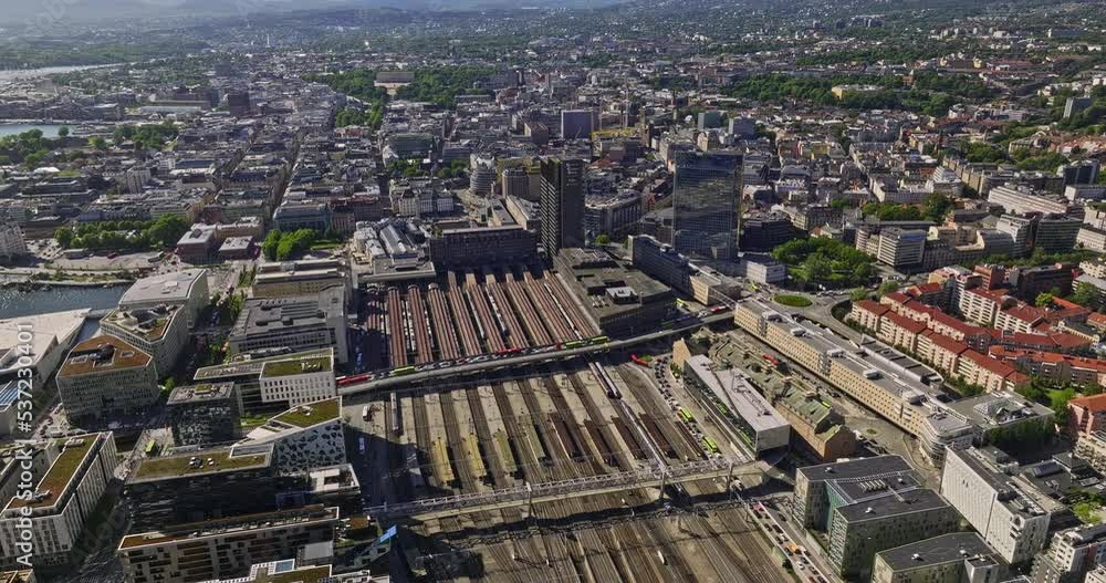 Oslo Norway v21 birds eye view flyover central station capturing ... Oslo Norway v21 birds eye view flyover central station capturing ...