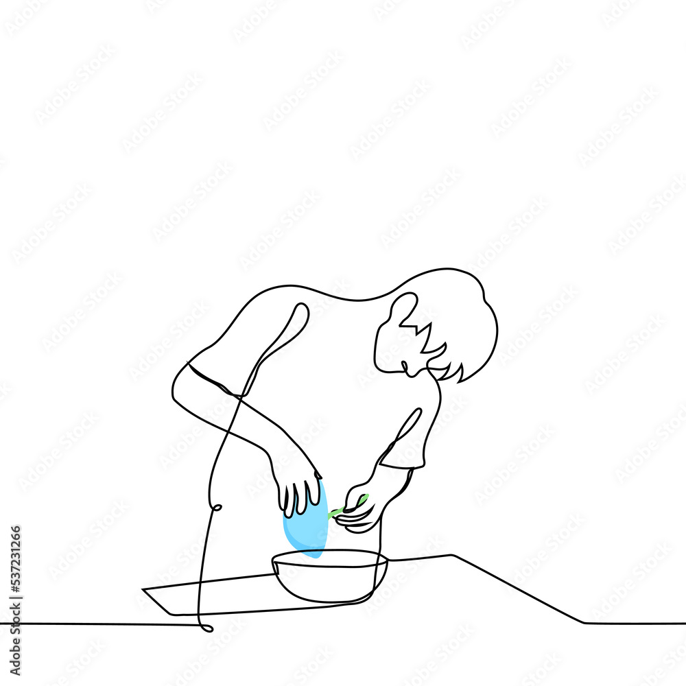 man pouring something into a deep plate - one line drawing vector ...