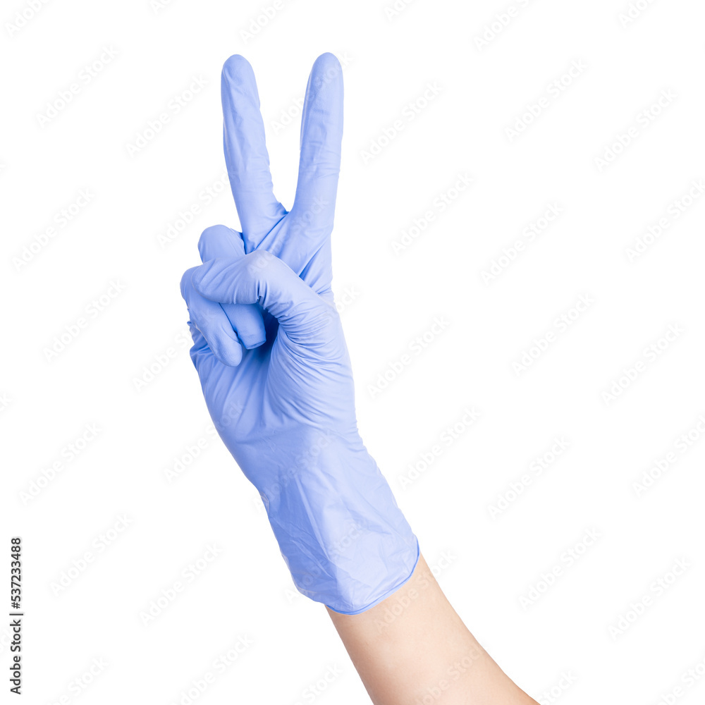 Woman's hand in a medical glove isolated on white background. White ...
