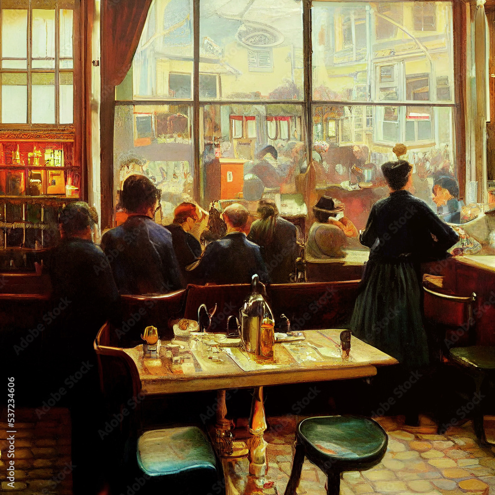 European 19th century restaurant-cafe interior, digital art made with ...