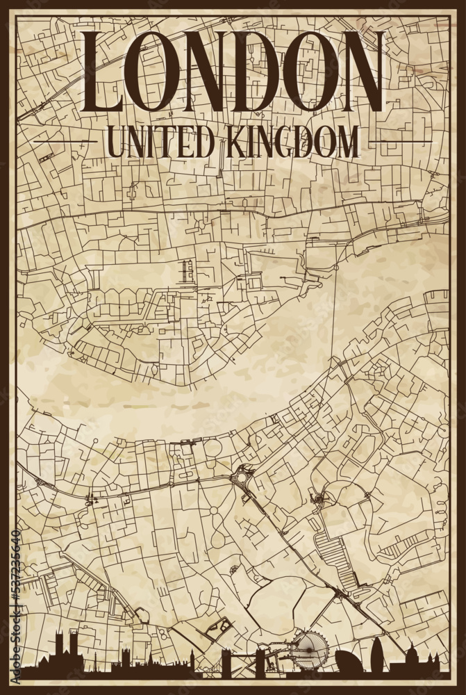 Brown vintage hand-drawn printout streets network map of the downtown ...