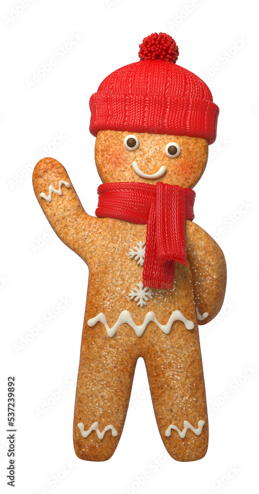 Cartoon gingerbread man in a red hat and scarf smiling, 3d illustration ...