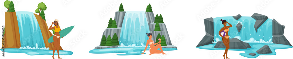 Beautiful young women in swimsuits standing at waterfalls set. Slim ...