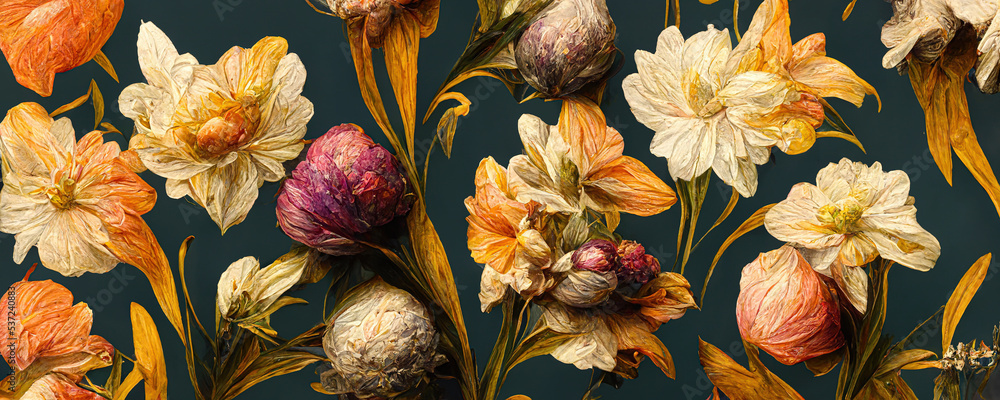 Wildflower pattern design. Floral background textures on a dark green ...