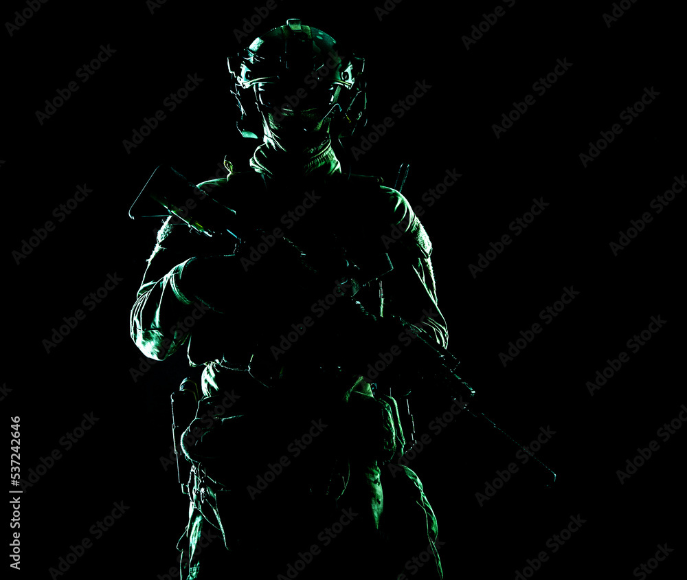 Army special forces elite soldier with hidden behind mask and glasses ...