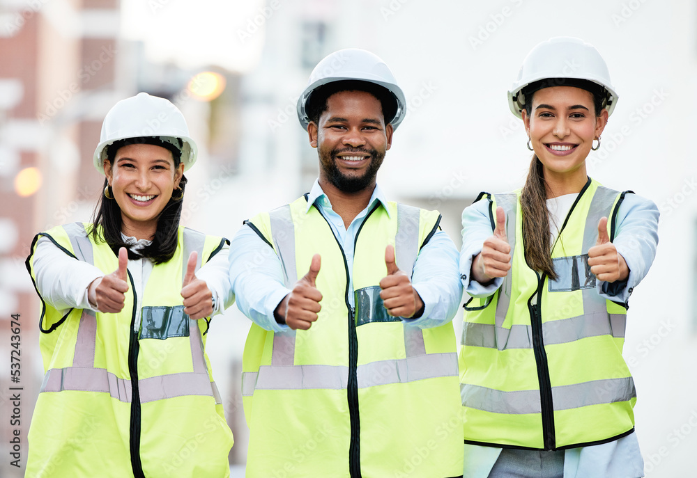 Thumbs up, success and construction employees in collaboration for ...