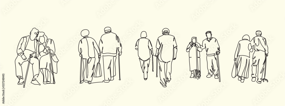 Elderly couple in continuous line art drawing style. Senior man and ...