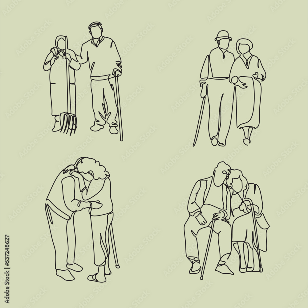 Continuous One Line Drawing Of Senior Couple Elderly People Hug
