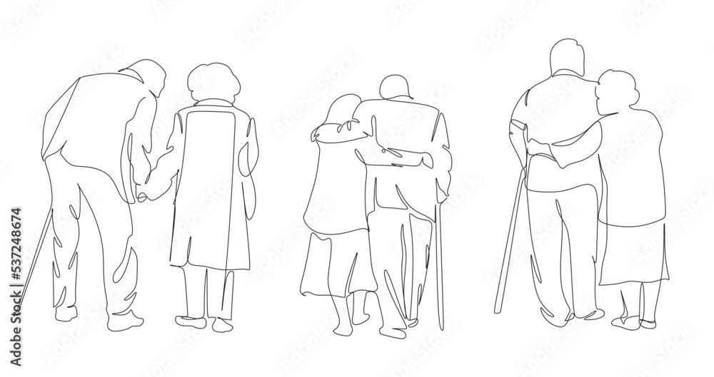 Old couple in continuous line art drawing style. Senior man and woman ...