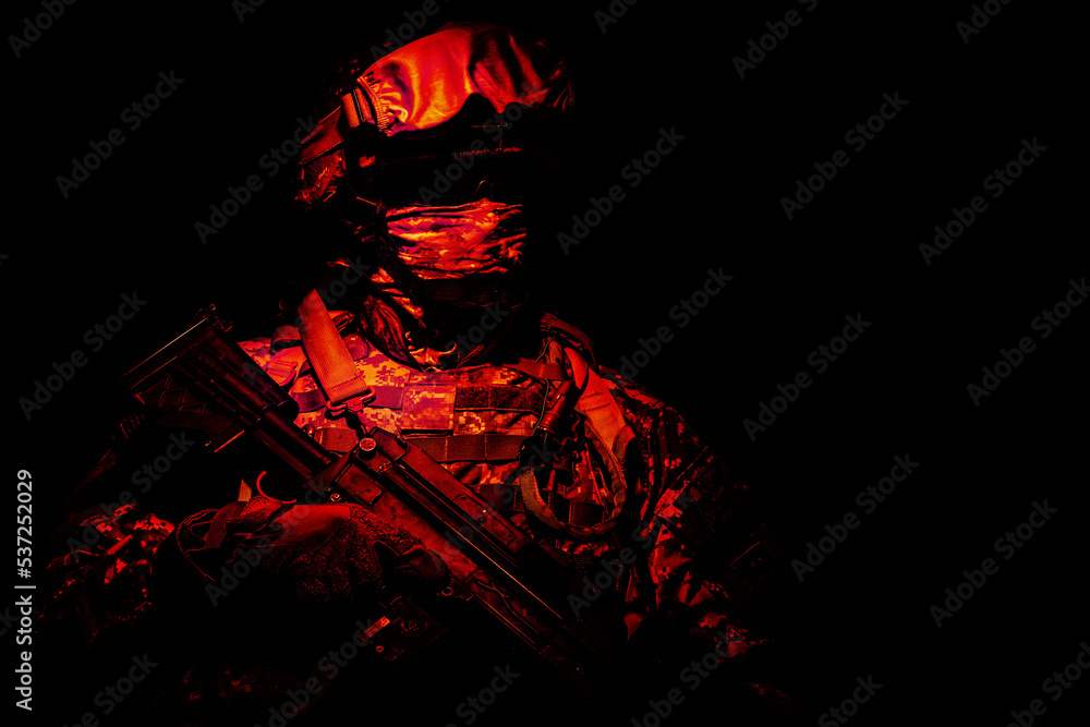 Armed infantry with hidden face standing during combat, counter ...