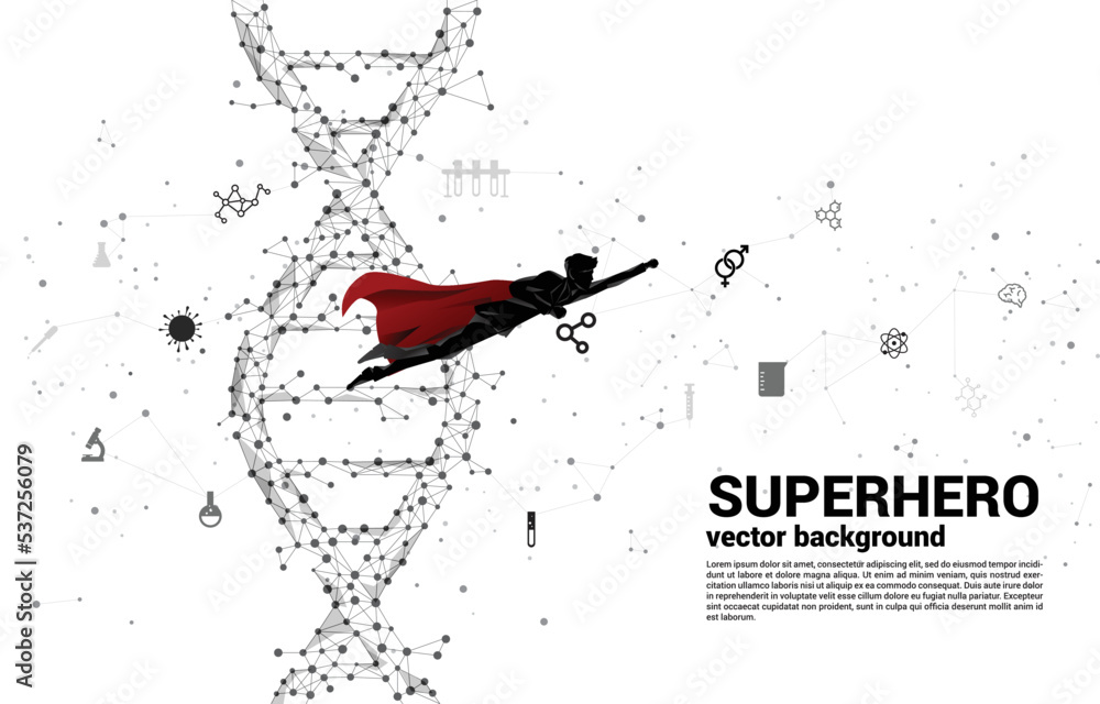 Silhouette of businessman in superhero flying with DNA genetic ...