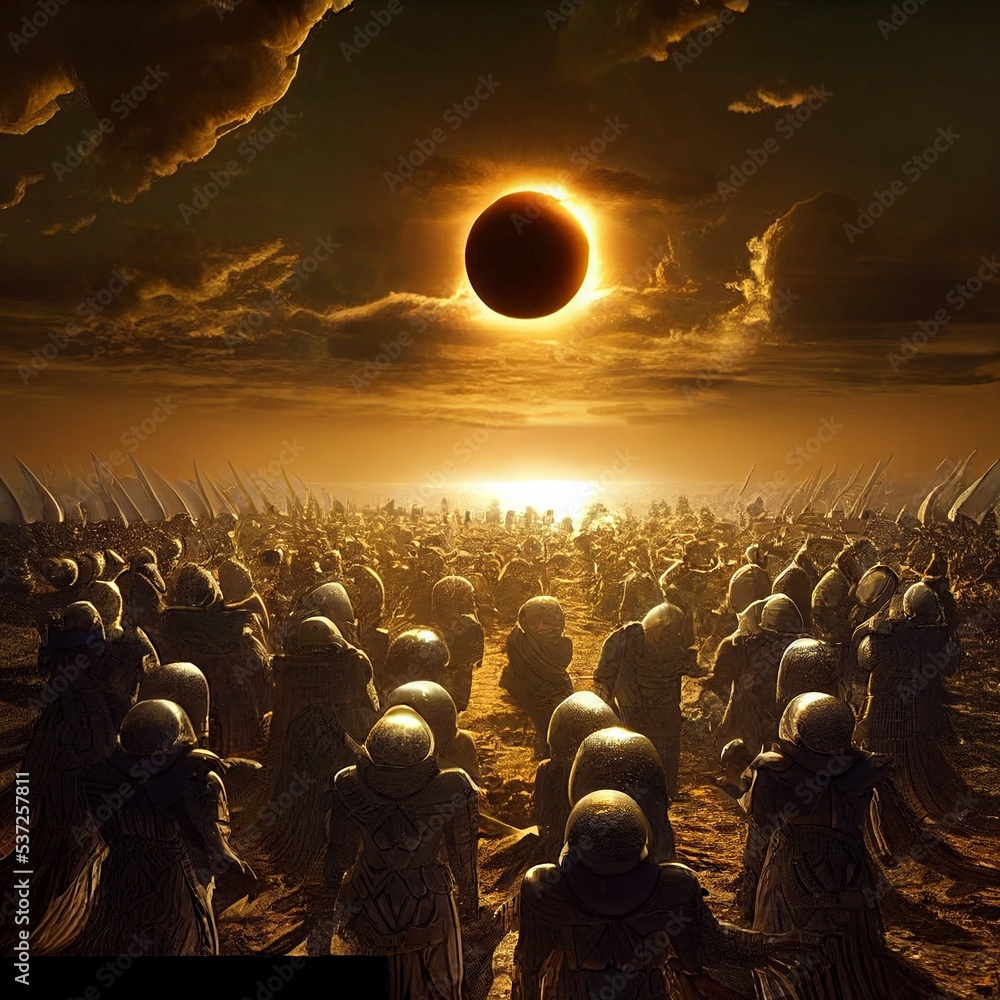 Soldiers in the desert whatching a solar eclipse in the sky, shadows ...