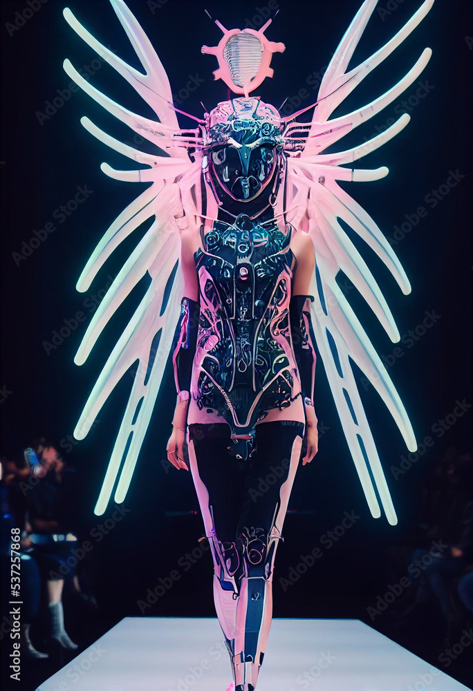 Beautiful cyberpunk cyborg with blue with glowing neon and lights on a ...
