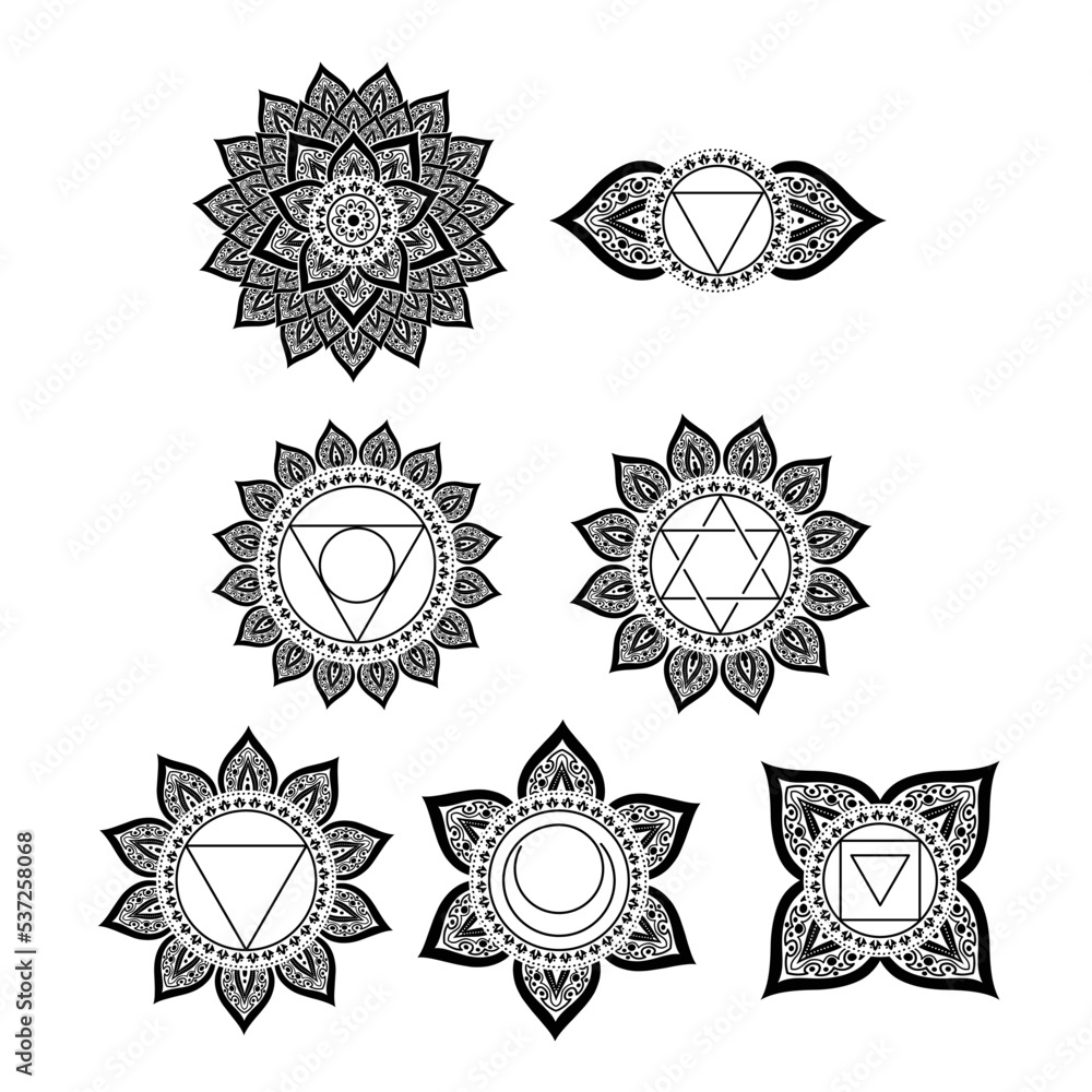 Black and white decorative chakras symbols icons set. Stock Vector ...