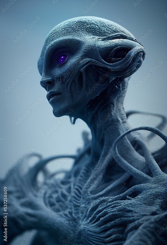 Alien close up portrait, large forehead, big scary eyes ...