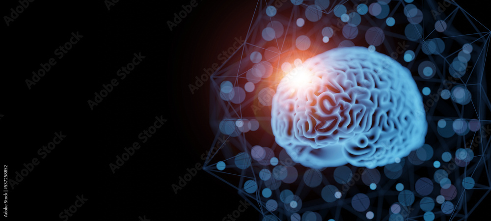 3D Rendering of hologram human brain inside abstract computer circuit ...