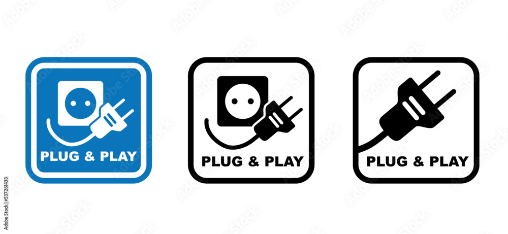 Plug & play sign. Cartoon electric plug. socket, electricity, power ...