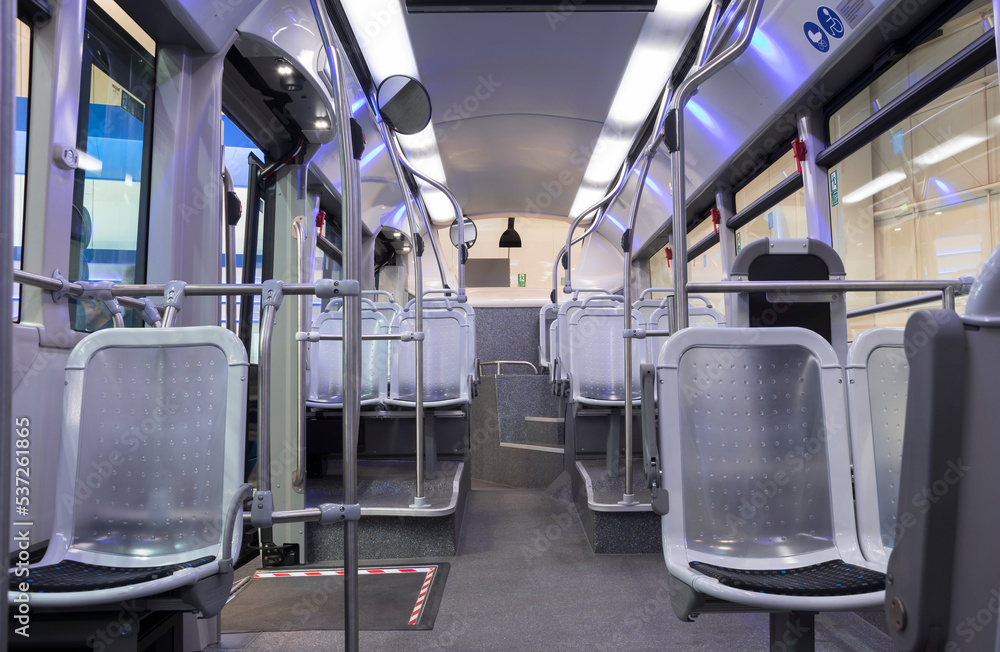 Interior of a Iveco electric bus, with wheelchair access. Low floor ...
