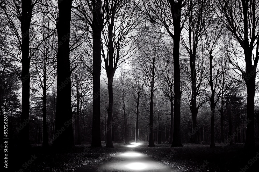 Illuminated pathway through the mighty trees at night. Scary forest ...