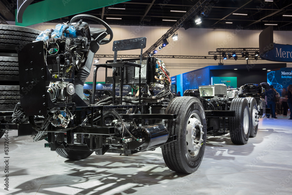 Exposed chassis, engine, gears and motor of a Mercedes-Benz bus on ...
