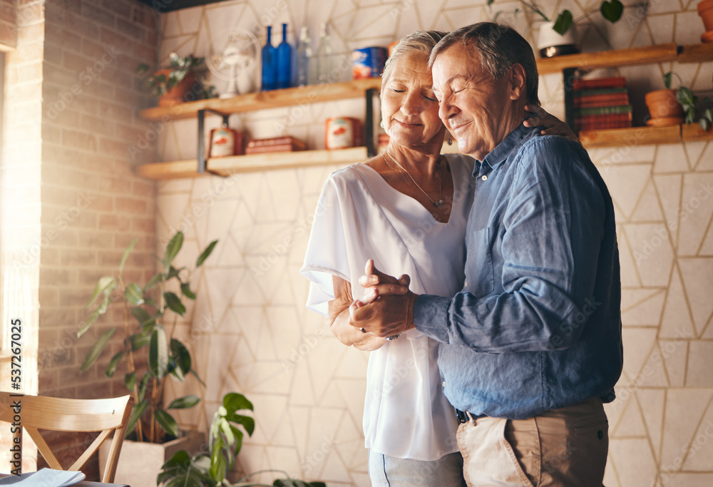 Dance, old couple and love holding hands dancing to music at home in ...