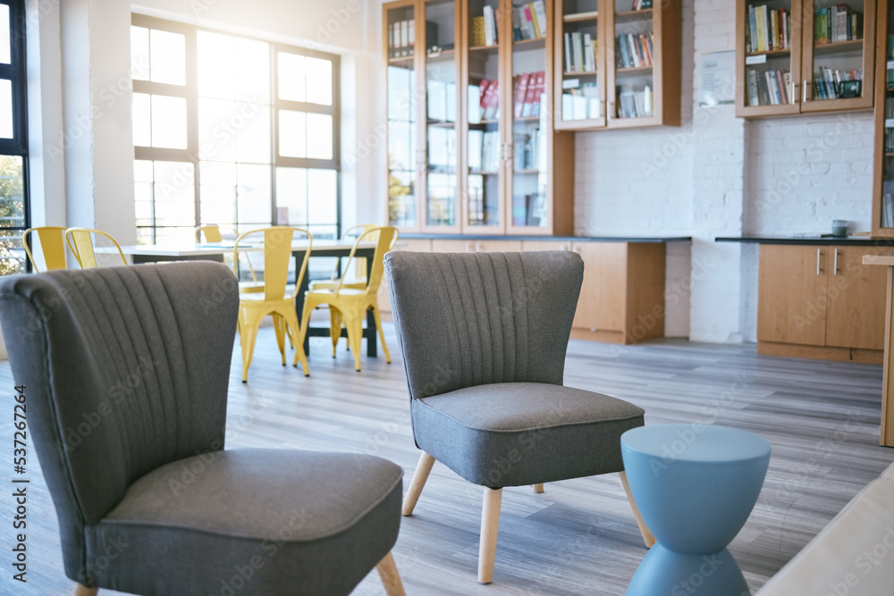 Library, bookstore and furniture with interior decorating, wood floor ...