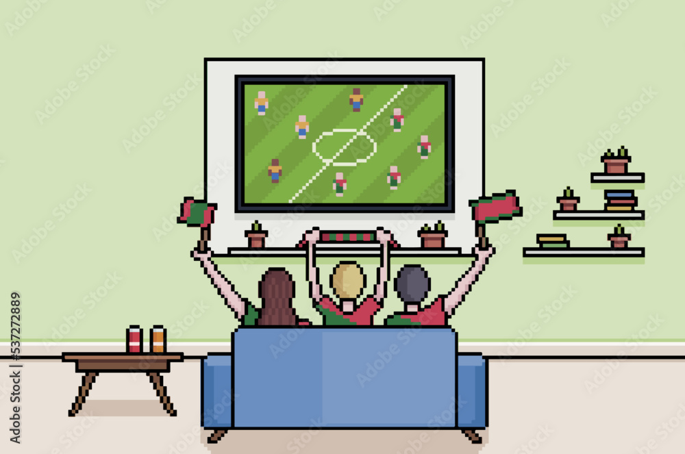 Pixel art fans watching football on tv in living room, portuguese ...