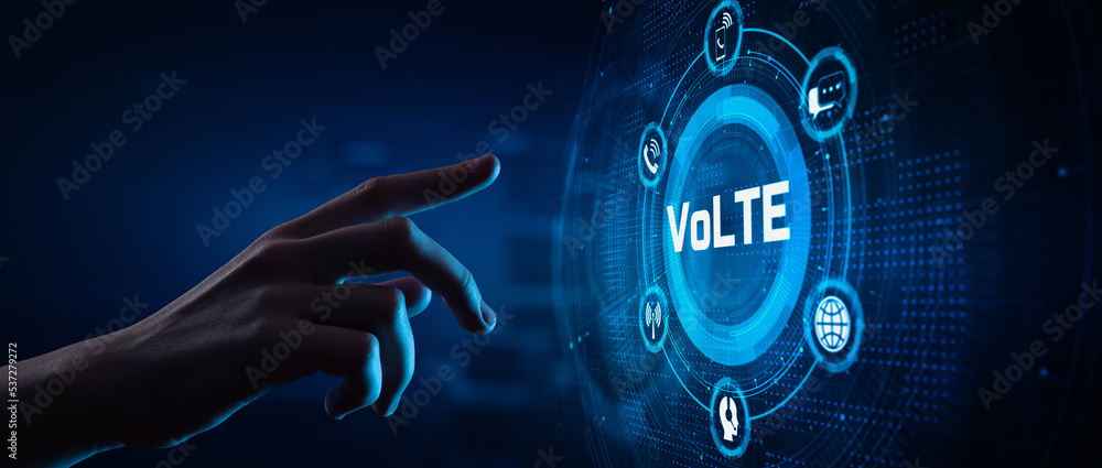 VoLTE Voice over LTE communication technology concept. Hand pressing ...