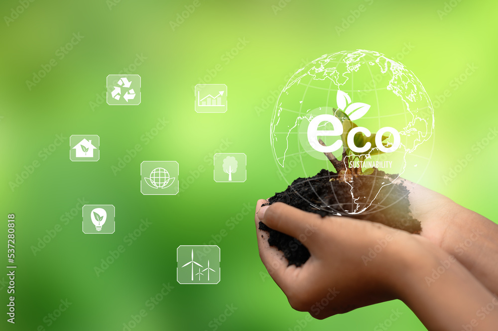 energy saving and environmental conservation icon concept in hand-held ...