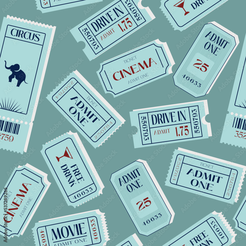 Cinema paper tickets seamless pattern. Entry cards for movie premiere ...