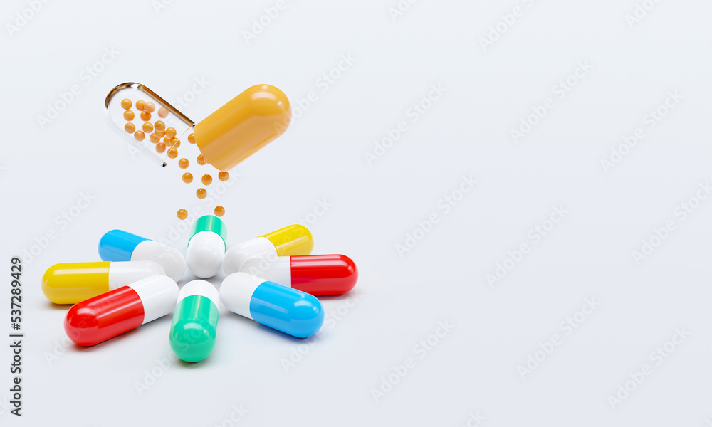 Capsules with granules background with copy space, can be used as ...