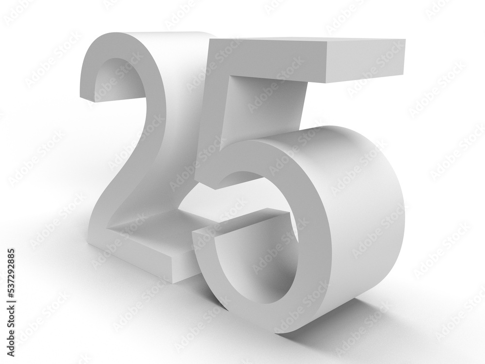 Number 25, Isolated Silver Jubilee Mark in 3D Graphics on White ...